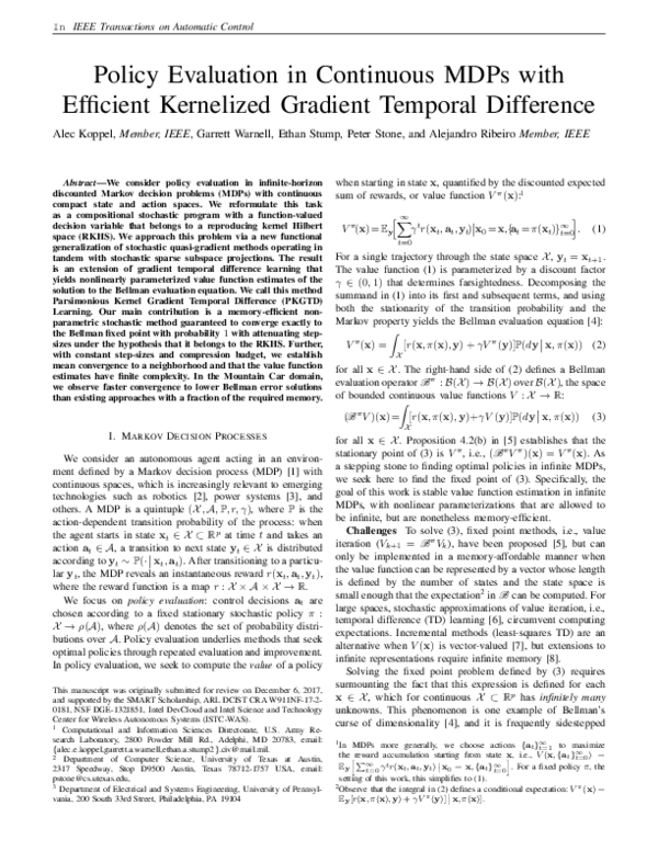 (PDF) Policy Evaluation in Continuous MDPs With Efficient Kernelized Gradient Temporal Difference