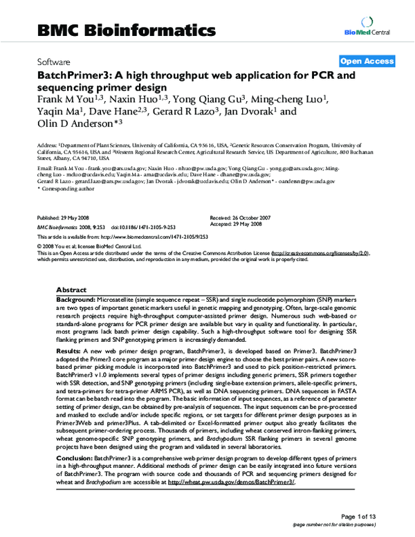 (PDF) BatchPrimer3: A high throughput web application for PCR and sequencing primer design