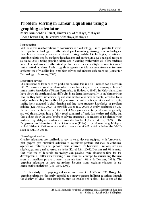 (PDF) Problem solving in Linear Equations using a graphing calculator