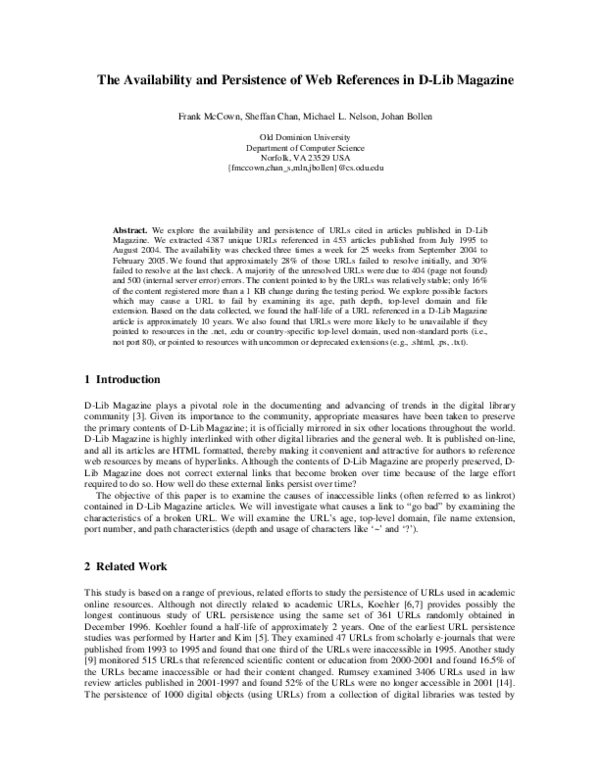(PDF) The Availability and Persistence of Web References in D-Lib Magazine