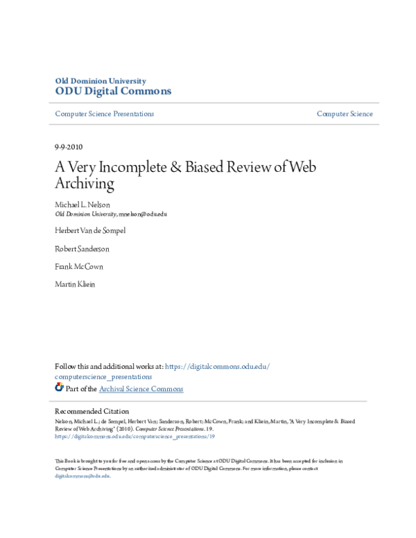 (PDF) A Very Incomplete & Biased Review of Web Archiving