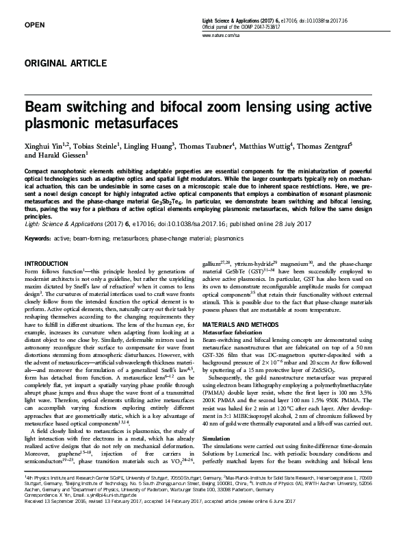 (PDF) Beam switching and bifocal zoom lensing using active plasmonic ...