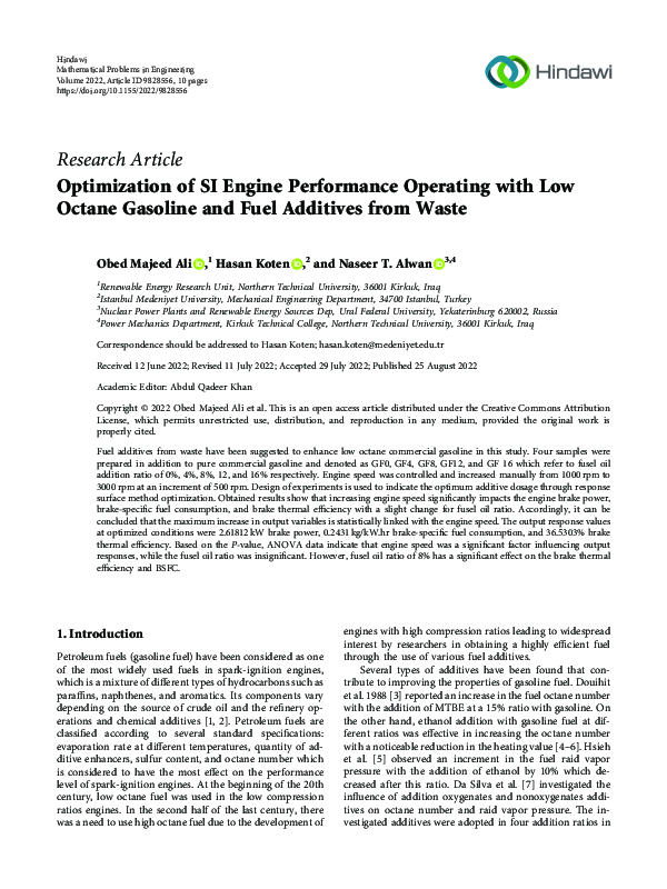 (PDF) Optimization of SI Engine Performance Operating with Low Octane Gasoline and Fuel ...