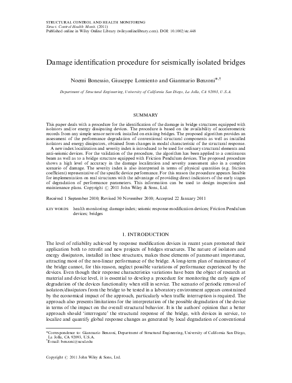 (PDF) Damage identification procedure for seismically isolated bridges