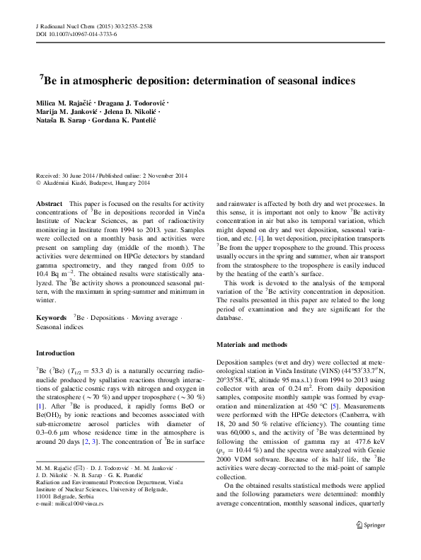 (PDF) 7Be in atmospheric deposition: determination of seasonal indices