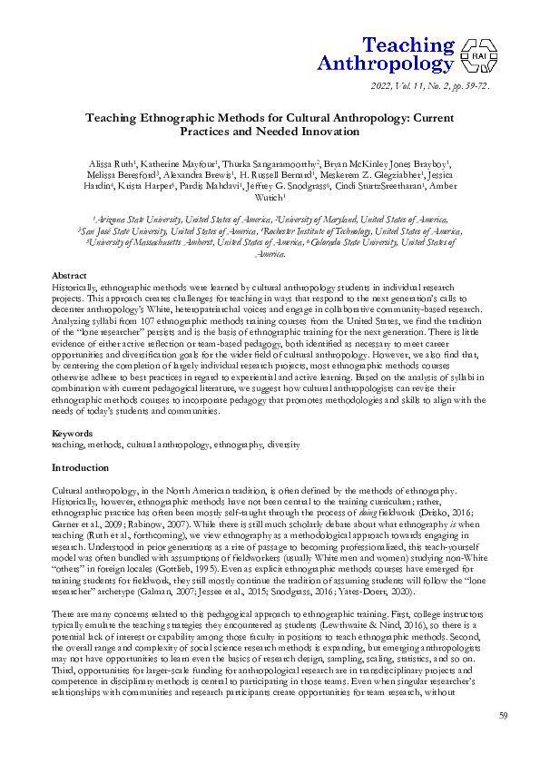 (PDF) Teaching Ethnographic Methods for Cultural Anthropology: Current Practices and Needed ...