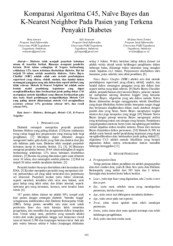 (PDF) Komparasi Algoritma C45, Naïve Bayes dan K-Nearest Neighbor Pada Pasien yang Terkena ...