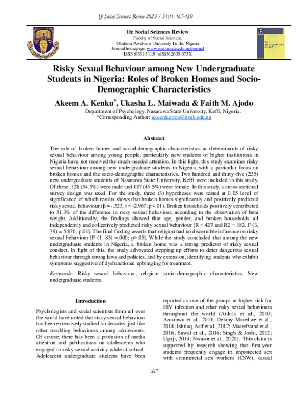 (PDF) Risky Sexual Behaviour among New Undergraduate Students in Nigeria: Roles of Broken Homes ...