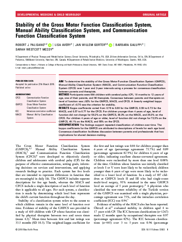 (PDF) Stability of the Gross Motor Function Classification System