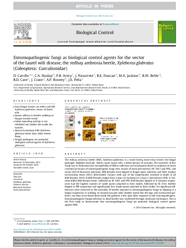 (PDF) Entomopathogenic fungi as biological control agents for the vector of the laurel wilt ...