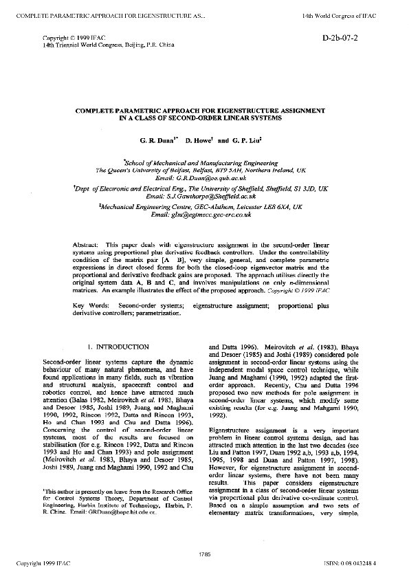 (PDF) Complete parametric approach for eigenstructure assignment in a class of second-order ...