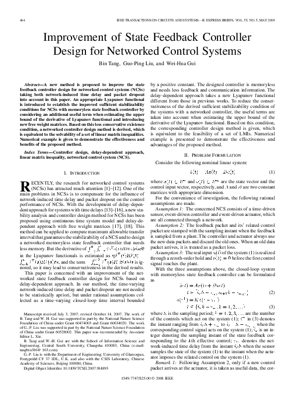 (PDF) Improvement of State Feedback Controller Design for Networked Control Systems