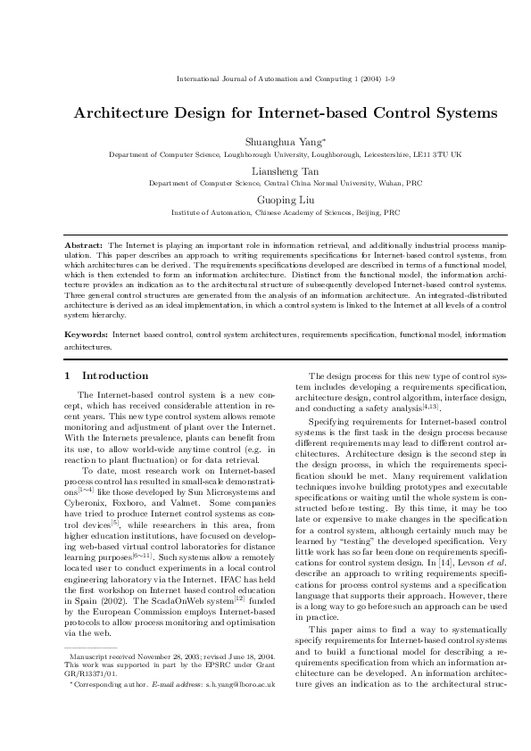 (PDF) Architecture design for internet-based control systems
