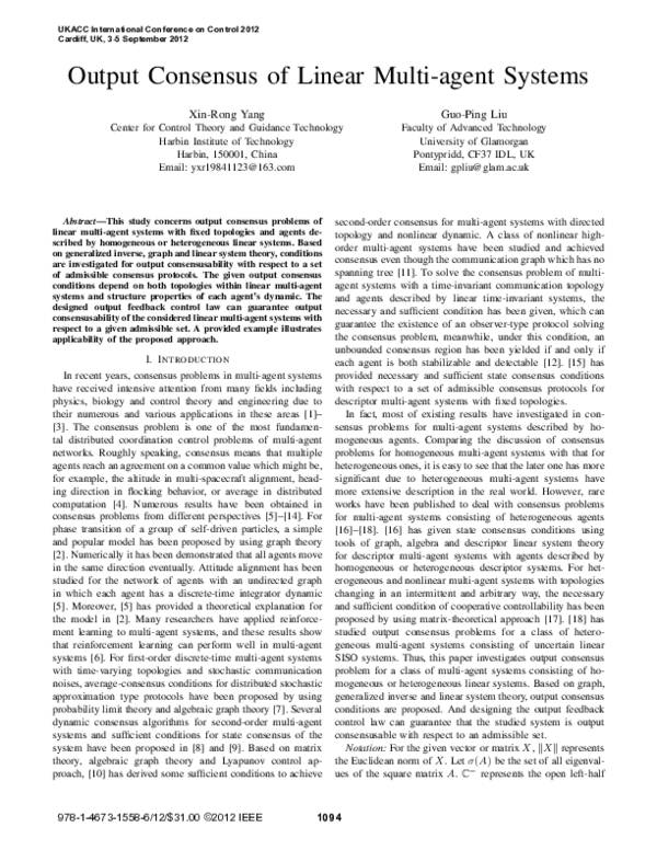 (PDF) Output consensus of linear multi-agent systems