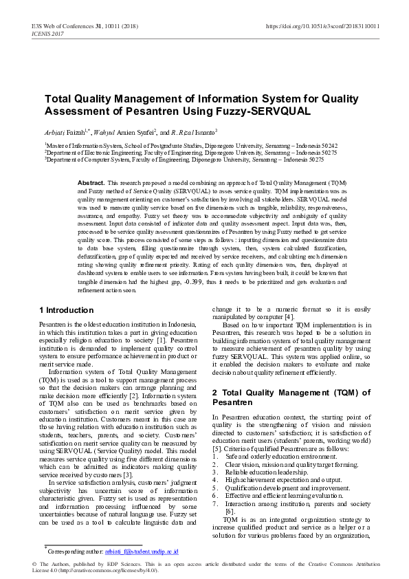 (PDF) Total Quality Management of Information System for Quality Assessment of Pesantren Using ...