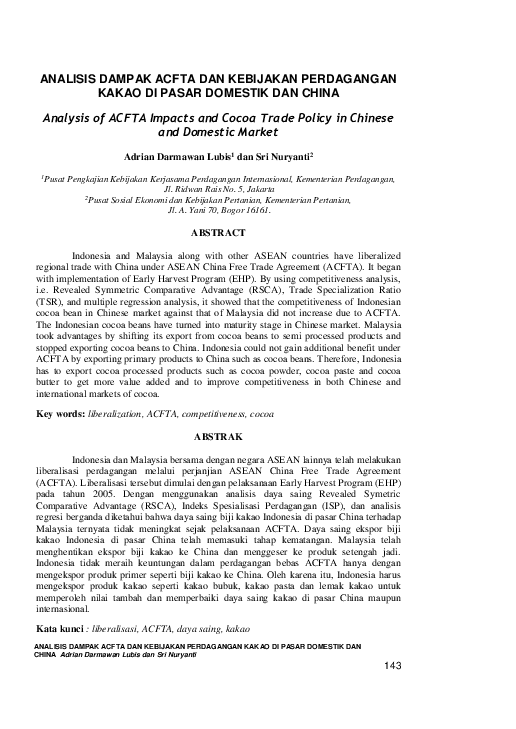 (PDF) Analisis Dampak ACFTA dan Kebijakan Perdagangan Kakao di Pasar Domestik dan China