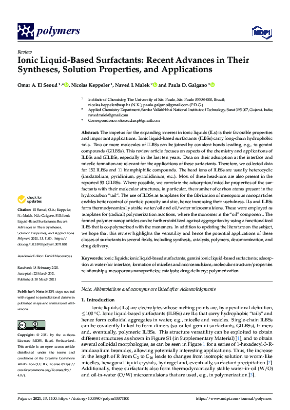 (PDF) Ionic Liquid-Based Surfactants: Recent Advances in Their Syntheses, Solution Properties ...