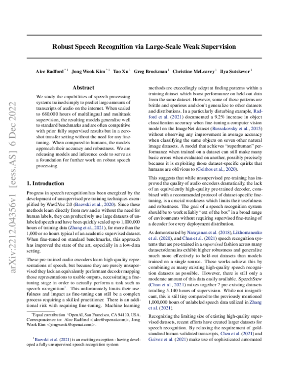 (PDF) Robust Speech Recognition via Large-Scale Weak Supervision
