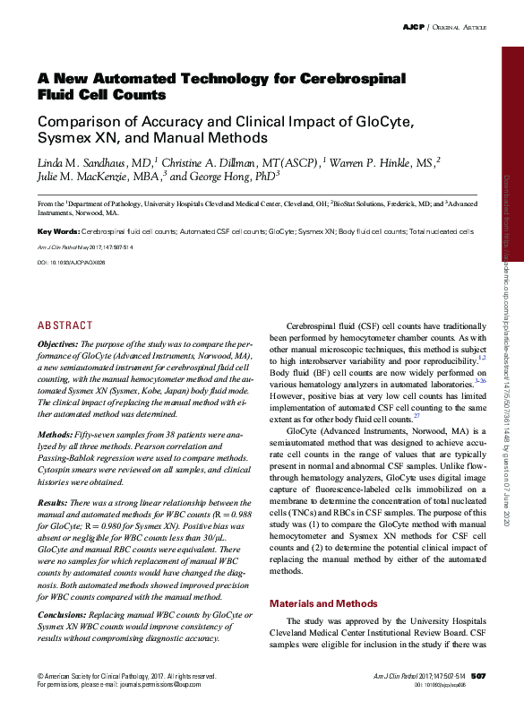 (PDF) A New Automated Technology for Cerebrospinal Fluid Cell Counts ...