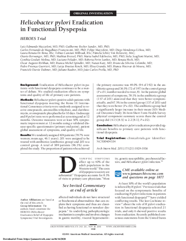 (PDF) Helicobacter pylori Eradication in Functional Dyspepsia