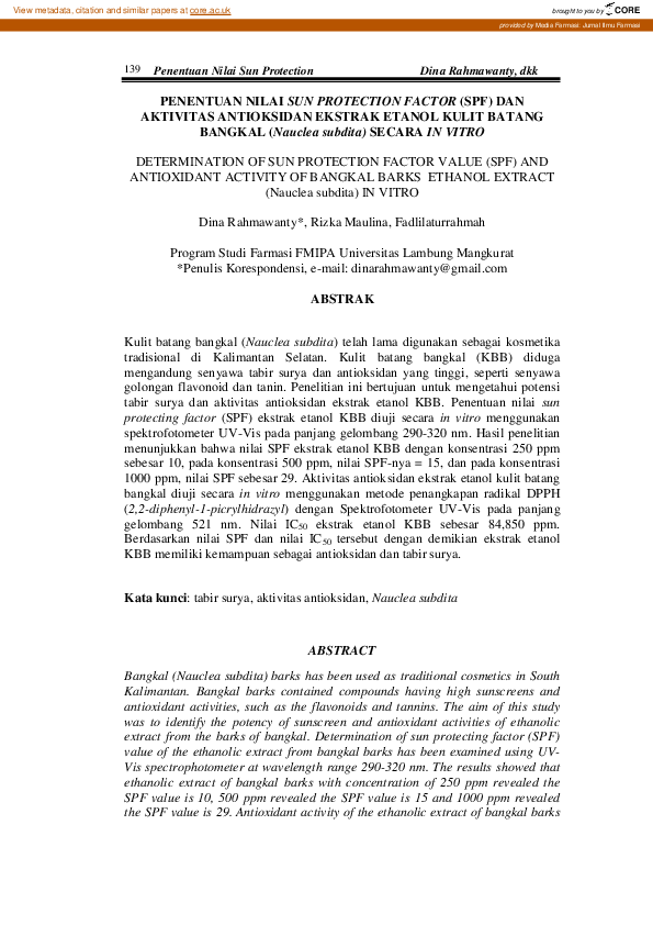 (PDF) PENENTUAN NILAI SUN PROTECTION FACTOR (SPF) DAN AKTIVITAS ANTIOKSIDAN EKSTRAK ETANOL KULIT ...