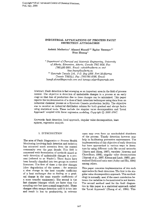 (PDF) Industrial Applications of Process Fault Detection Approaches
