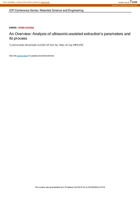 (PDF) An Overview: Analysis of ultrasonic-assisted extraction’s parameters and its process