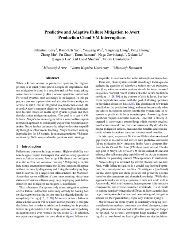 (PDF) Predictive and Adaptive Failure Mitigation to Avert Production Cloud VM Interruptions