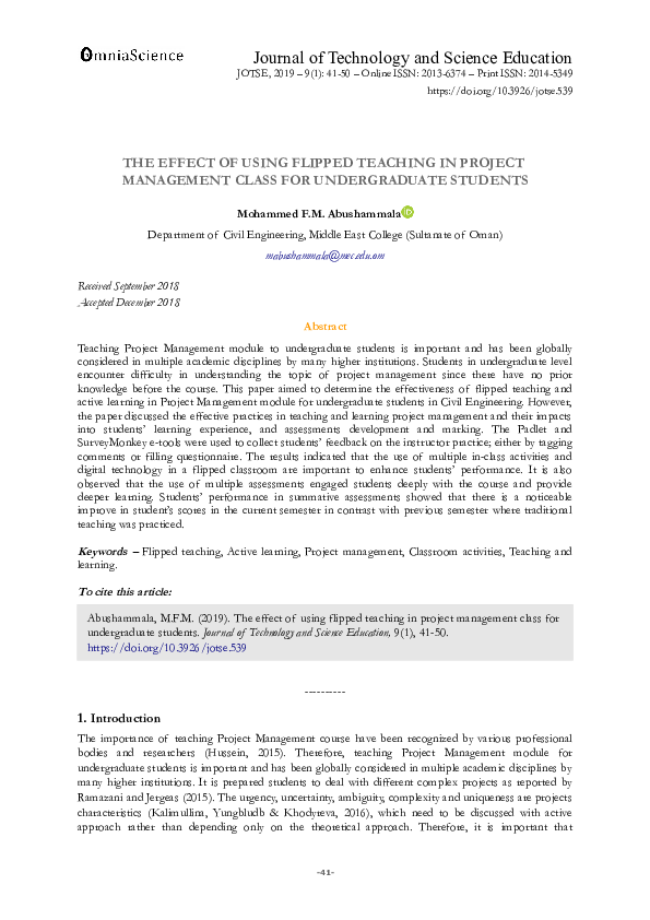 (PDF) The effect of using flipped teaching in project management class for undergraduate students