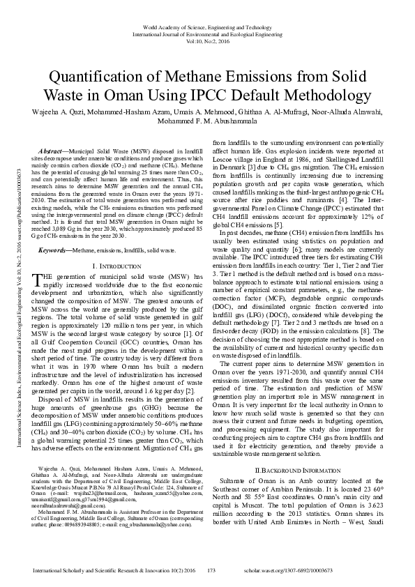 (PDF) Quantification Of Methane Emissions From Solid Waste In Oman Using Ipcc Default Methodology