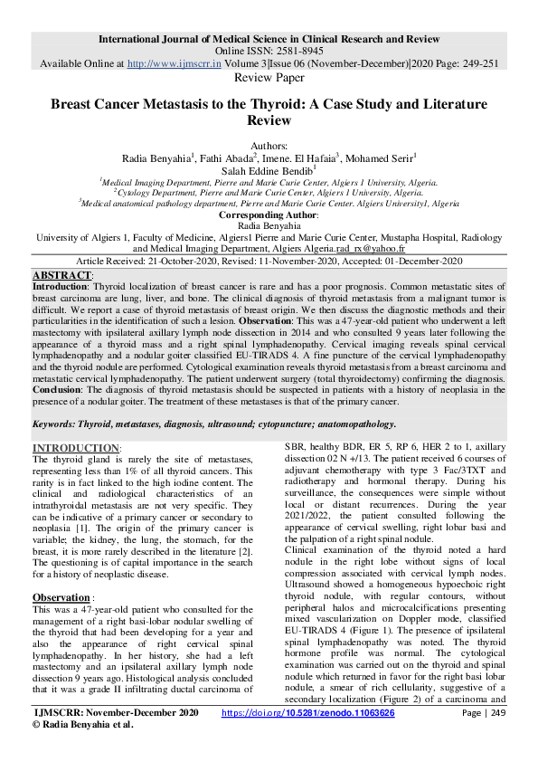 (PDF) Breast Cancer Metastasis to the Thyroid: A Case Study and ...