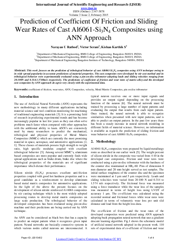 Pdf Prediction Of Coefficient Of Friction And Sliding Wear Rates Of Cast Al6061 Si3n4