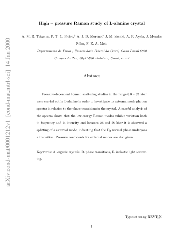 (PDF) High-pressure Raman study of l-alanine crystal