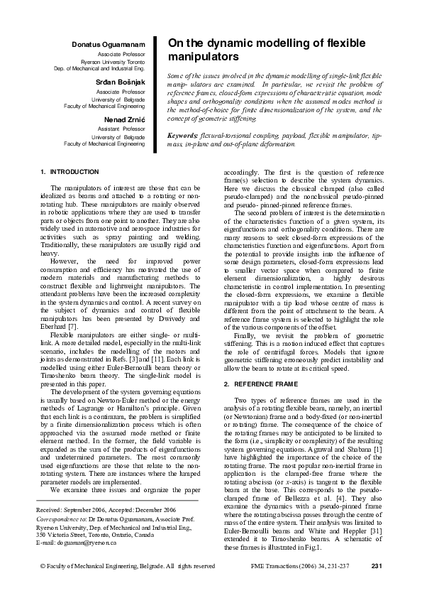 (PDF) On the Dynamic Modeling of Flexible Manipulators
