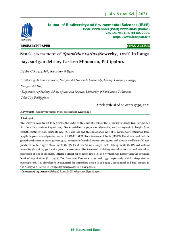 (PDF) Stock assessment of Spondylus varius (Sowerby, 1827) in lianga ...
