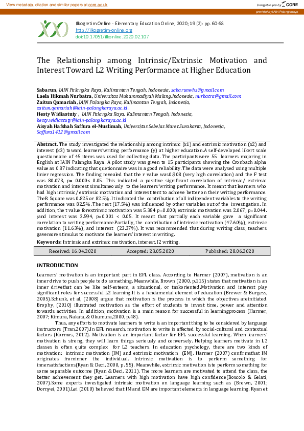 (PDF) The Relationship among Intrinsic/Extrinsic Motivation and ...