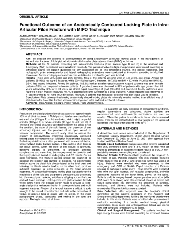 Functional Outcome of an Anatomically Contoured Locking Plate in Intra ...