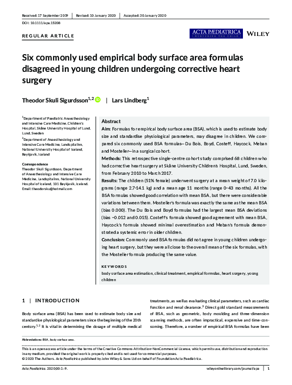 (PDF) Six commonly used empirical body surface area formulas disagreed ...
