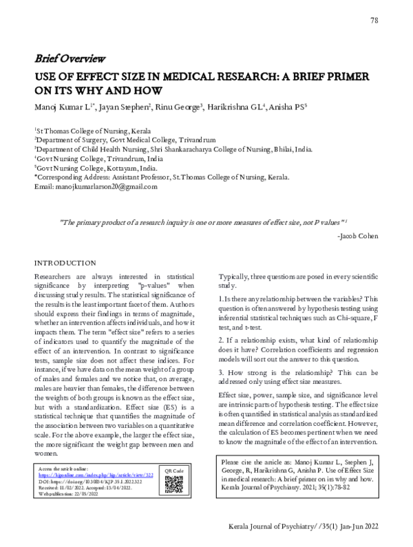 (PDF) Use of Effect Size in medical research: A brief primer on its why ...
