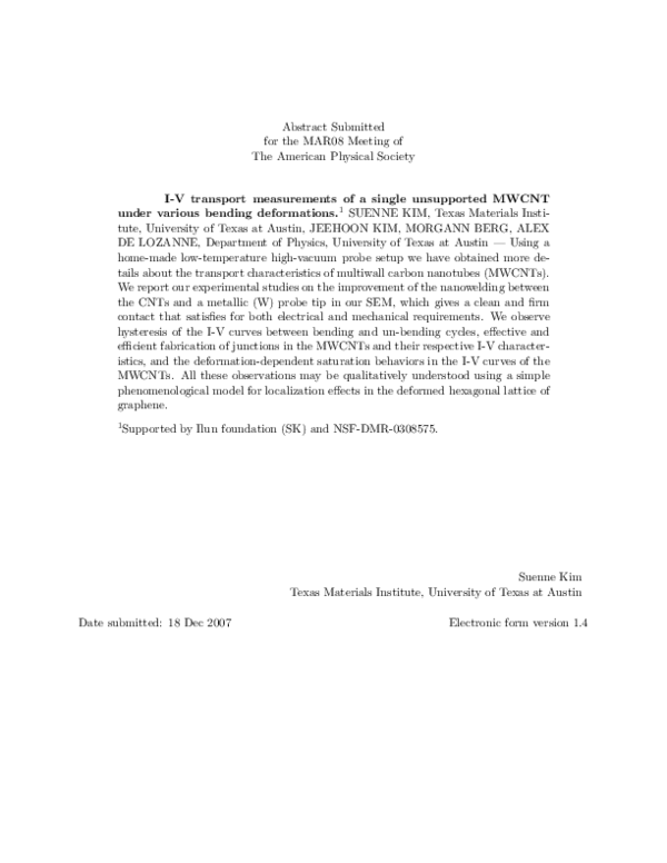 (PDF) IV transport measurements of a single unsupported MWCNT under ...