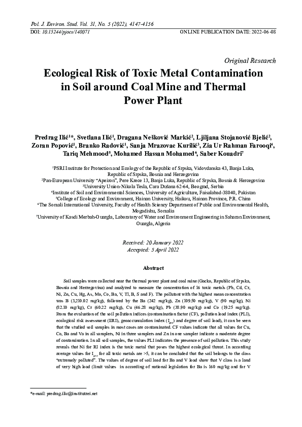 (PDF) Ecological Risk of Toxic Metal Contamination in Soil around Coal ...