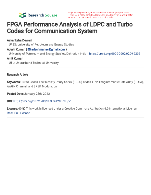 Pdf Fpga Performance Analysis Of Ldpc And Turbo Codes For