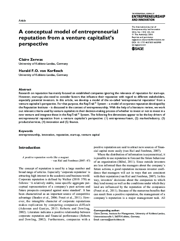 (PDF) A conceptual model of entrepreneurial reputation from a venture ...