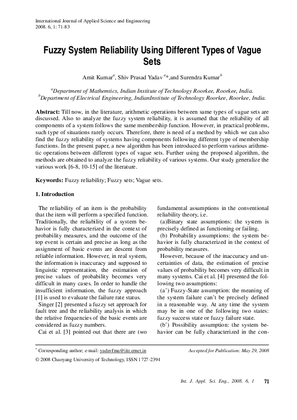 (PDF) Fuzzy System Reliability Using Different Types of Vague Sets