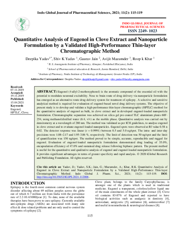 (PDF) Quantitative Analysis of Eugenol in Clove Extract and Nanoparticle Formulation by a ...