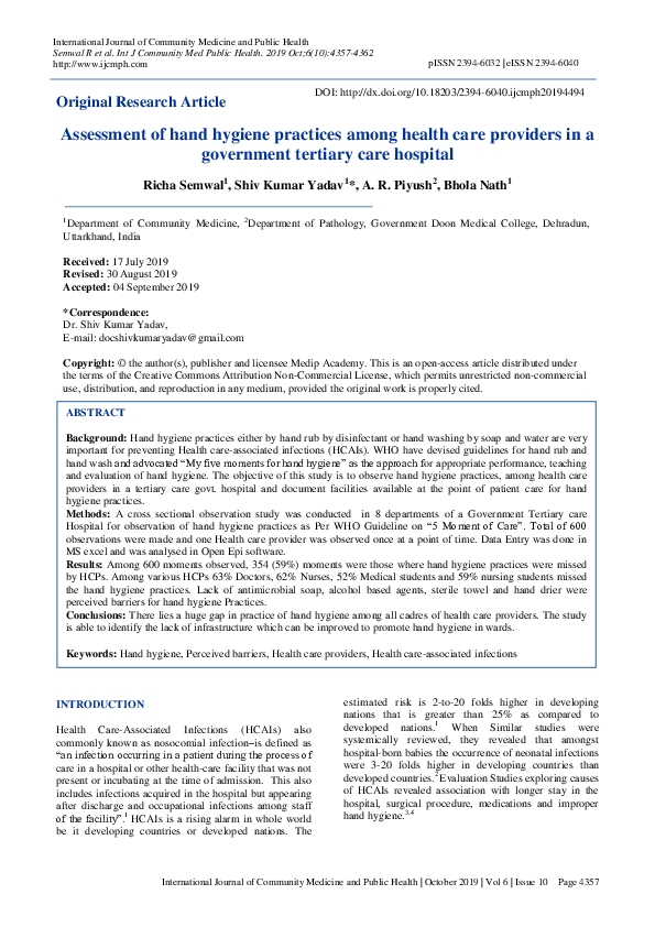 (PDF) Assessment of hand hygiene practices among health care providers ...