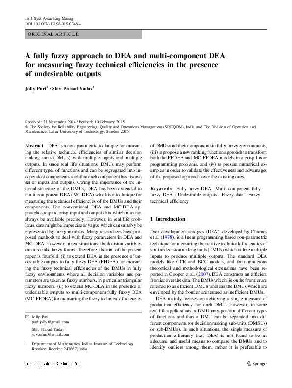 (PDF) A fully fuzzy approach to DEA and multi-component DEA for measuring fuzzy technical ...