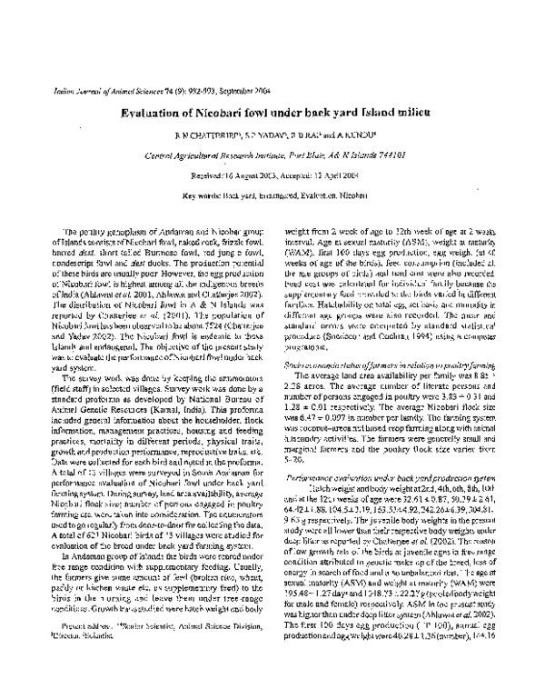 (PDF) Evaluation of Nicobari fowl under back yard Island milieu