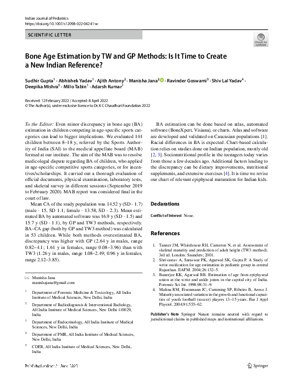 (PDF) Bone Age Estimation by TW and GP Methods: Is It Time to Create a ...
