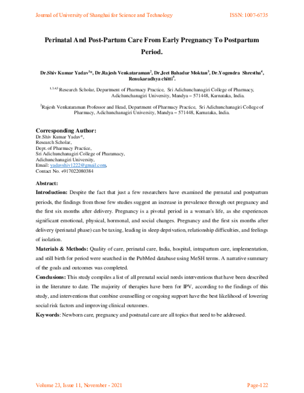 (PDF) Perinatal And Post-Partum Care From Early Pregnancy To Postpartum ...